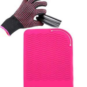 Heat Resistant Glove with Heat Resistant Mat for Curling Iron, Hair Straightener, Flat Irons, Silicone Bump Glove, 9” x 6.5” Food Grade Silicone Mat, Pink