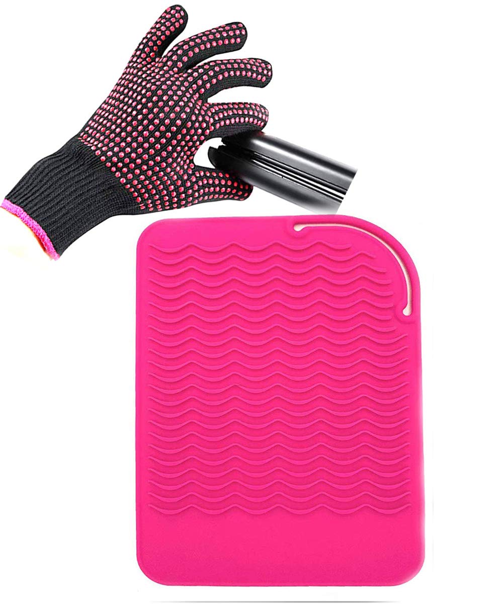 Heat Resistant Glove with Heat Resistant Mat for Curling Iron, Hair Straightener, Flat Irons, Silicone Bump Glove, 9” x 6.5” Food Grade Silicone Mat, Pink