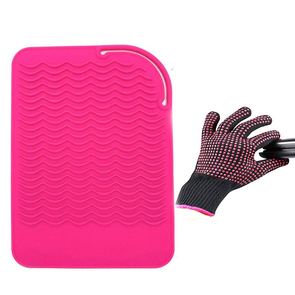 Heat Resistant Glove with Heat Resistant Mat for Curling Iron, Hair Straightener, Flat Irons, Silicone Bump Glove, 9” x 6.5” Food Grade Silicone Mat, Pink