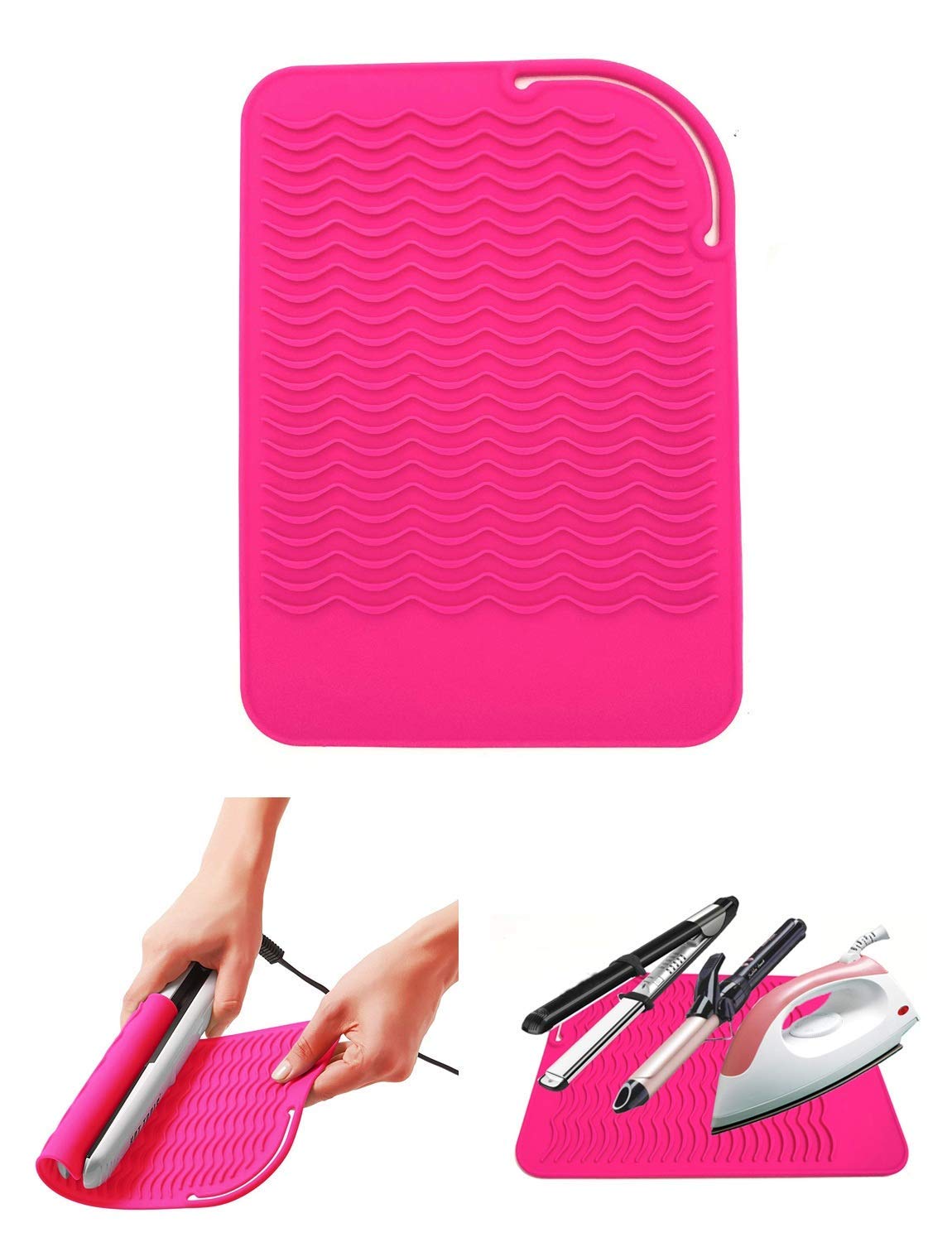 Heat Resistant Glove with Heat Resistant Mat for Curling Iron, Hair Straightener, Flat Irons, Silicone Bump Glove, 9” x 6.5” Food Grade Silicone Mat, Pink