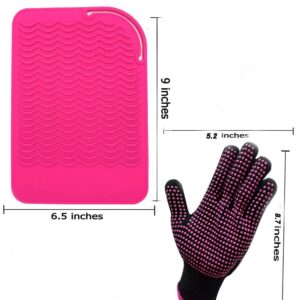 Heat Resistant Glove with Heat Resistant Mat for Curling Iron, Hair Straightener, Flat Irons, Silicone Bump Glove, 9” x 6.5” Food Grade Silicone Mat, Pink