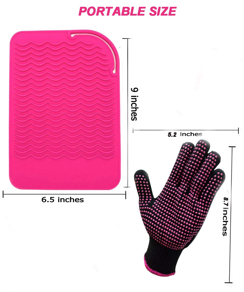 Heat Resistant Glove with Heat Resistant Mat for Curling Iron, Hair Straightener, Flat Irons, Silicone Bump Glove, 9” x 6.5” Food Grade Silicone Mat, Pink