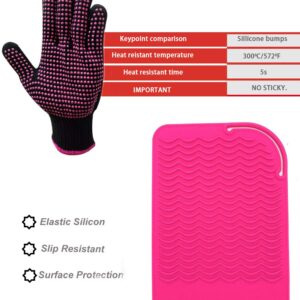 Heat Resistant Glove with Heat Resistant Mat for Curling Iron, Hair Straightener, Flat Irons, Silicone Bump Glove, 9” x 6.5” Food Grade Silicone Mat, Pink