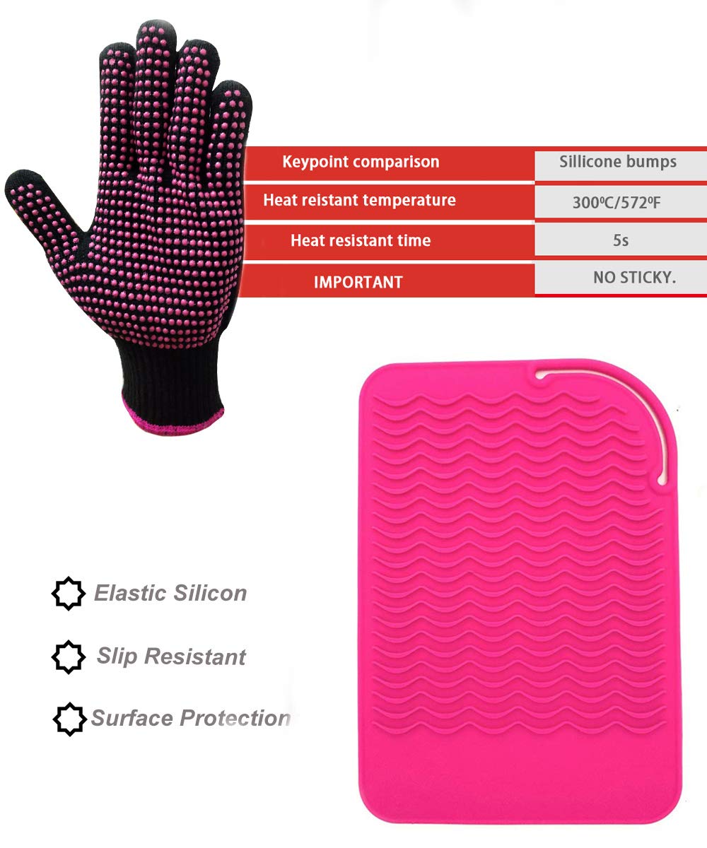 Heat Resistant Glove with Heat Resistant Mat for Curling Iron, Hair Straightener, Flat Irons, Silicone Bump Glove, 9” x 6.5” Food Grade Silicone Mat, Pink