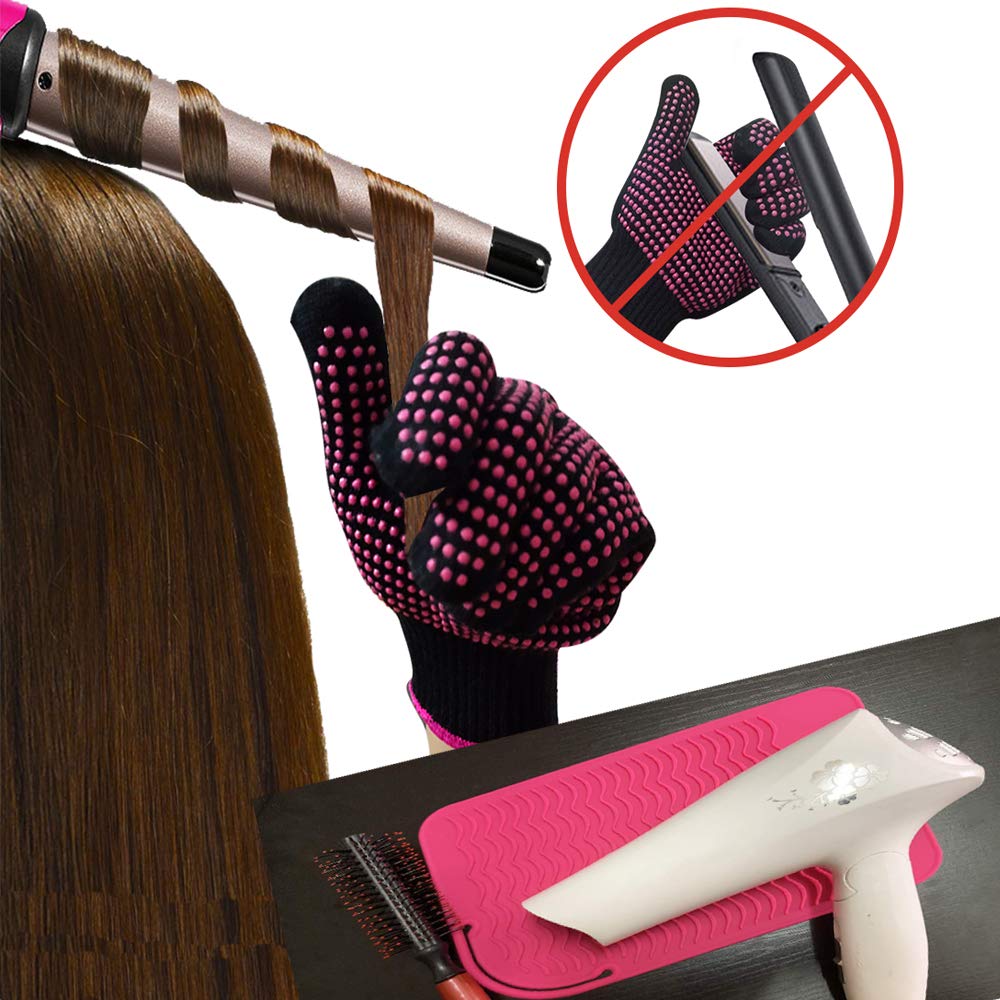 Heat Resistant Glove with Heat Resistant Mat for Curling Iron, Hair Straightener, Flat Irons, Silicone Bump Glove, 9” x 6.5” Food Grade Silicone Mat, Pink