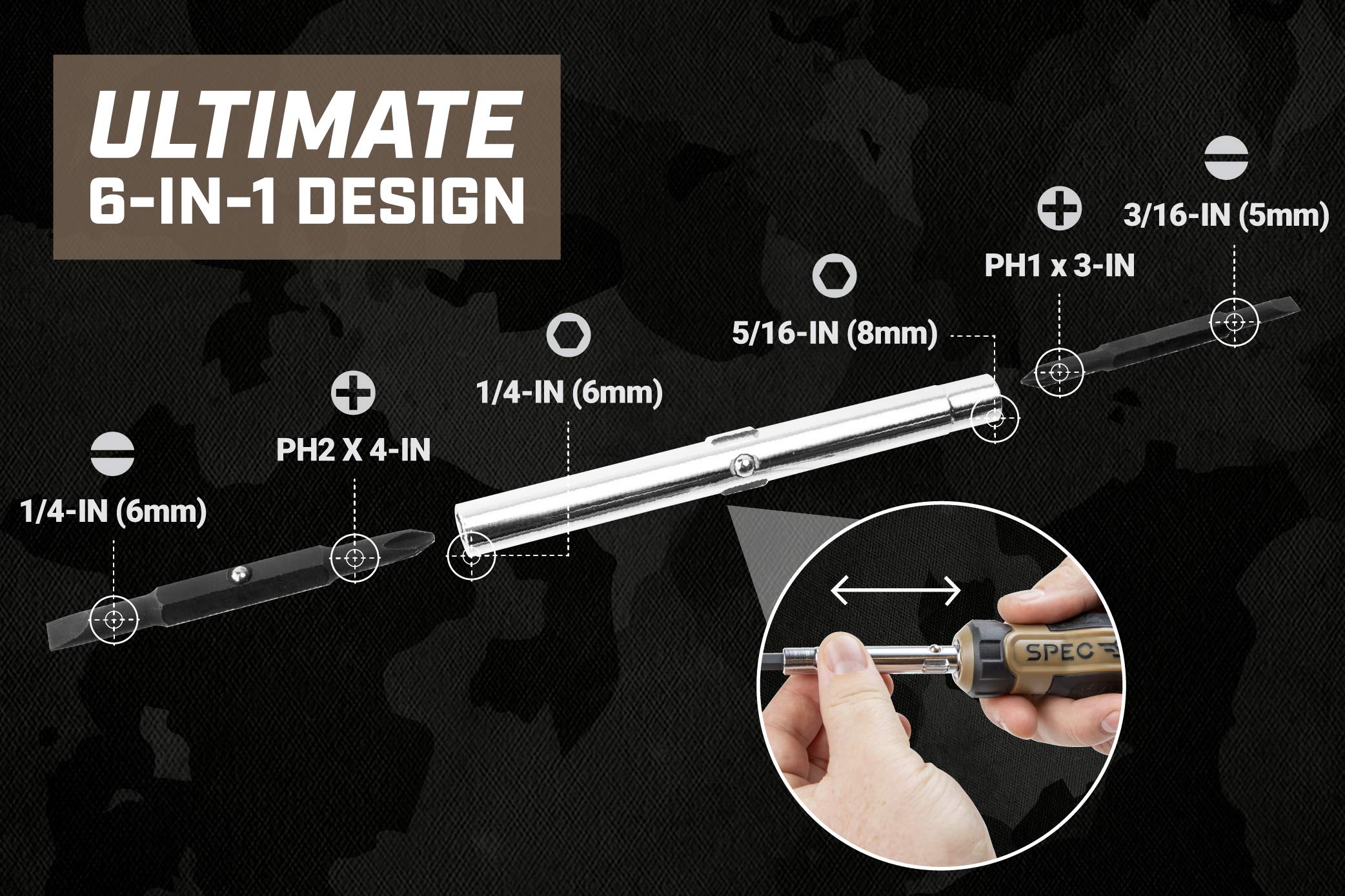 Spec Ops Tools Multi-Bit Screwdriver, 6-in-1, Magnetized Double-Sided Bits, Cr-Mo Steel Shaft, 3% Donated to Veterans