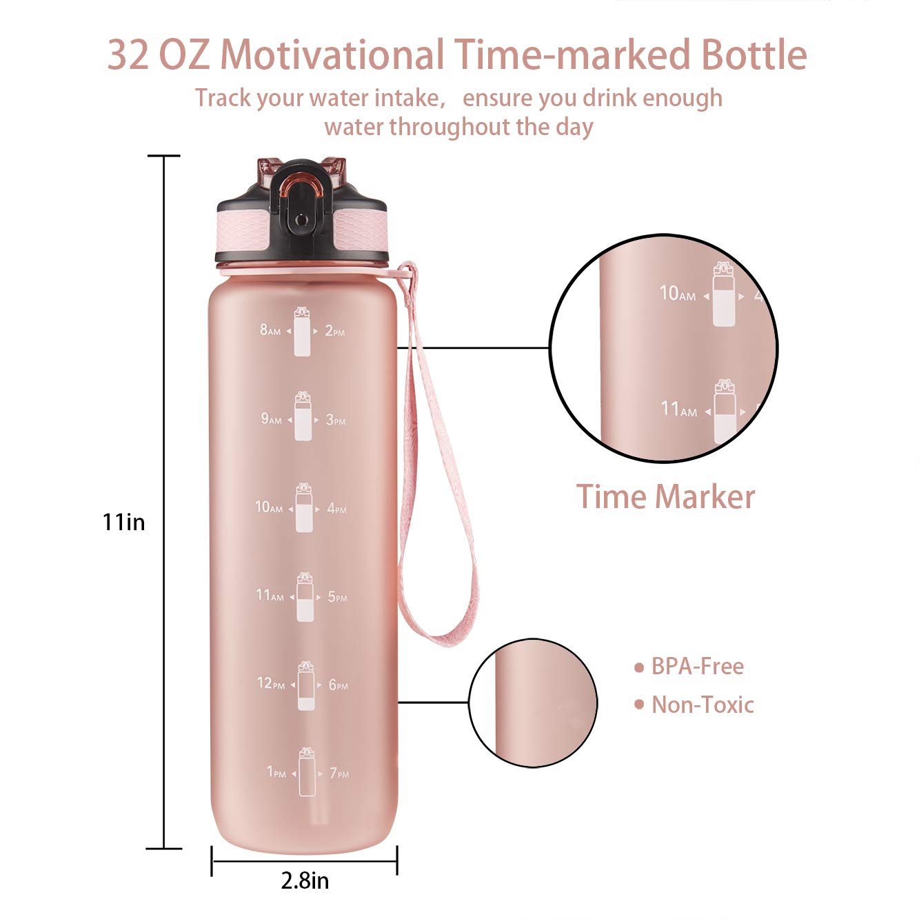 EYQ 32 oz Water Bottle with Time Marker, Carry Strap, Leak-Proof Tritan BPA-Free, Ensure You Drink Enough Water for Fitness, Gym, Camping, Outdoor Sports (Rose Pink)