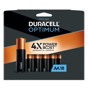 duracell optimum aa batteries with power boost ingredients, 18 count pack double a battery with long-lasting power, all-purpose alkaline aa battery for household and office devices