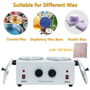 Wax Warmer Double Pot, Professional Electric Wax Heater Machine for Facial, Body, Spa, and Salon, 1.2L Dual Wax Pot Adjustable Temperature with 100 Wooden Craft Sticks,Wax Machine for Hair Removal