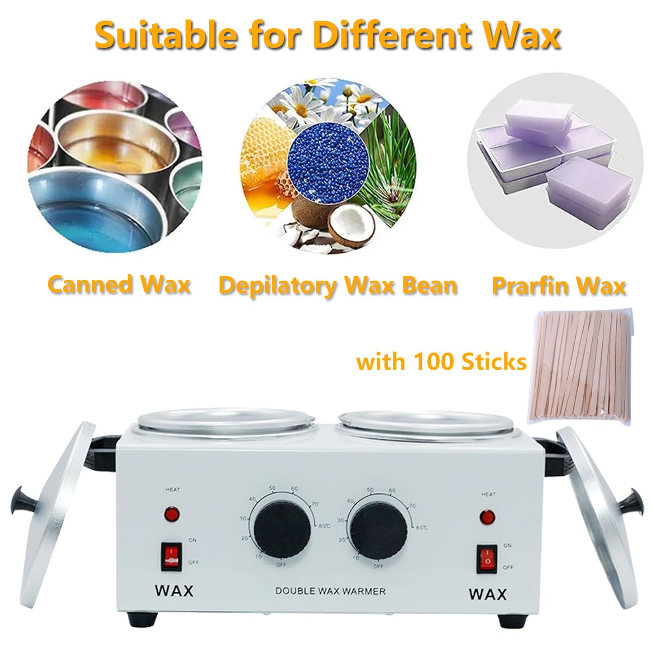 Wax Warmer Double Pot, Professional Electric Wax Heater Machine for Facial, Body, Spa, and Salon, 1.2L Dual Wax Pot Adjustable Temperature with 100 Wooden Craft Sticks,Wax Machine for Hair Removal