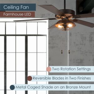 RIVER OF GOODS Farmhouse LED Ceiling Fan - 52" L x 52" W - Metal Caged Fixture - Rich Barnwood/Light Driftwood Fan Blades