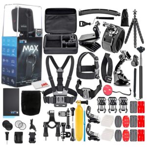 gopro max 360 waterproof action camera -with 50 piece accessory kit - camera w/touch screen - all you need (renewed)