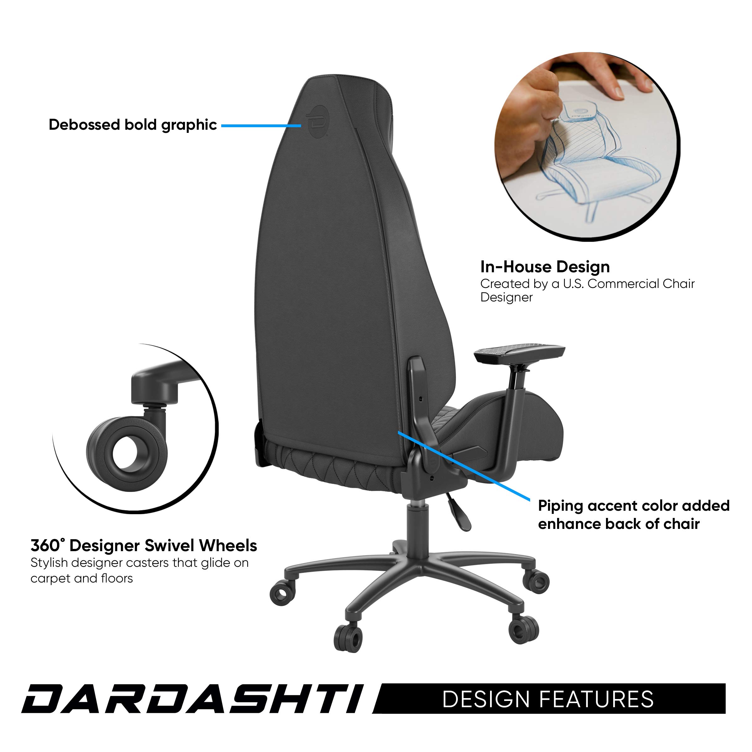 Atlantic Dardashti Gaming/Executive Chair –Molded Cold-Cure Foam, ANSI/BIFMA X5.1 Tested, Class-4 Heavy-Duty Gas Piston, 350 lbs. Weight Load, 8-Way Arm Rests, PN 78050356 – Black and Midnight