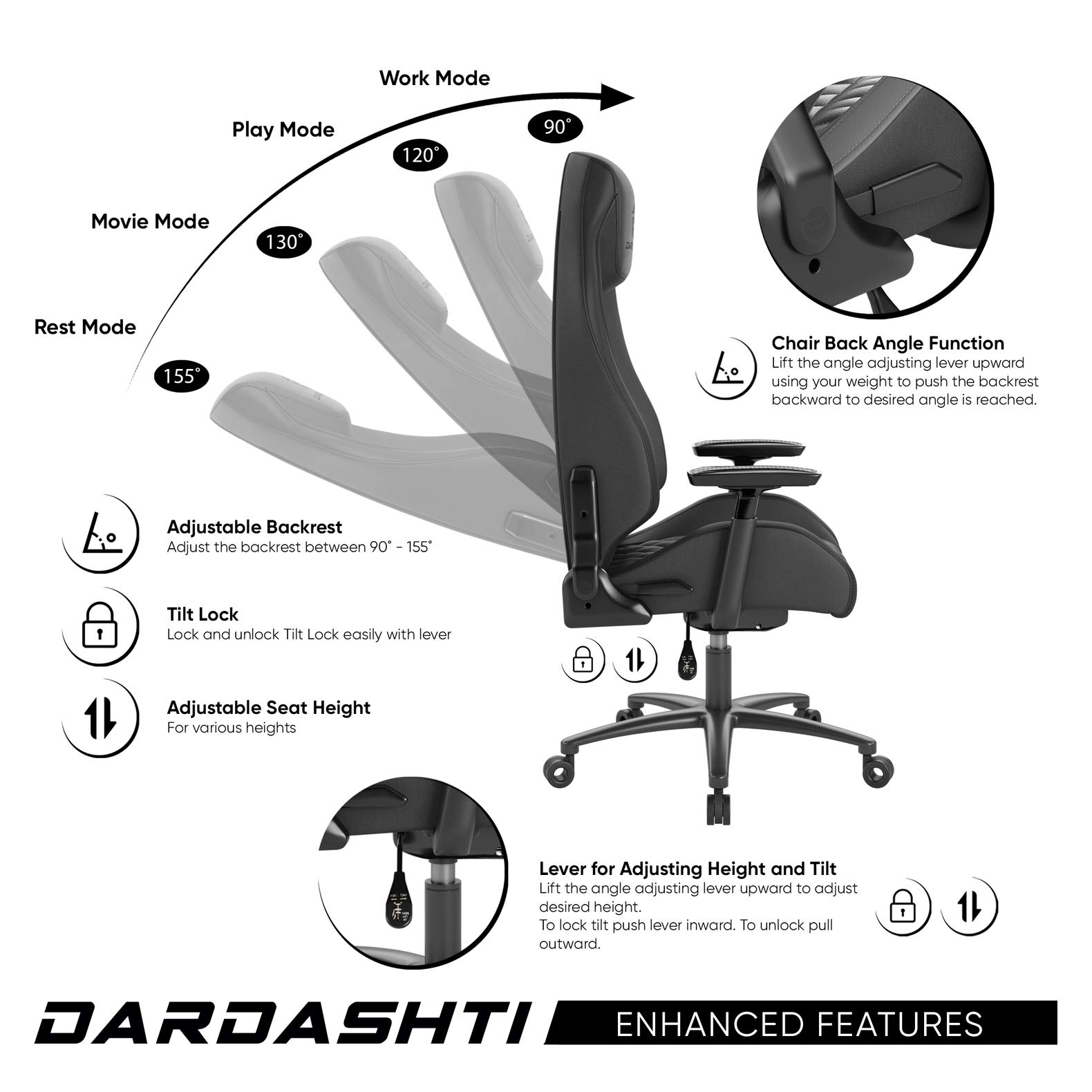 Atlantic Dardashti Gaming/Executive Chair –Molded Cold-Cure Foam, ANSI/BIFMA X5.1 Tested, Class-4 Heavy-Duty Gas Piston, 350 lbs. Weight Load, 8-Way Arm Rests, PN 78050356 – Black and Midnight