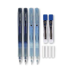 uni-ball uniball chroma mechanical pencil woth leasd and eraser refills, 0.7 mm, hb (#2), black lead, assorted barrel colors, 4/set