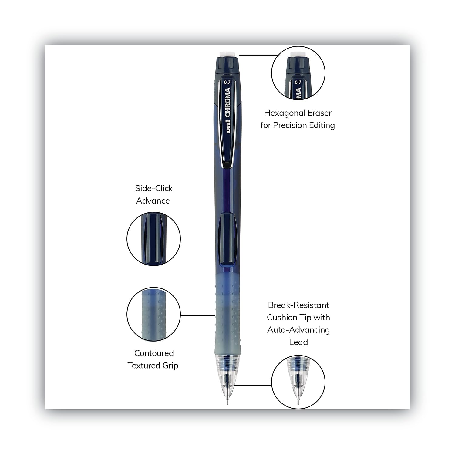 Uni-ball uniball Chroma Mechanical Pencil Woth Leasd and Eraser Refills, 0.7 Mm, Hb (#2), Black Lead, Assorted Barrel Colors, 4/Set