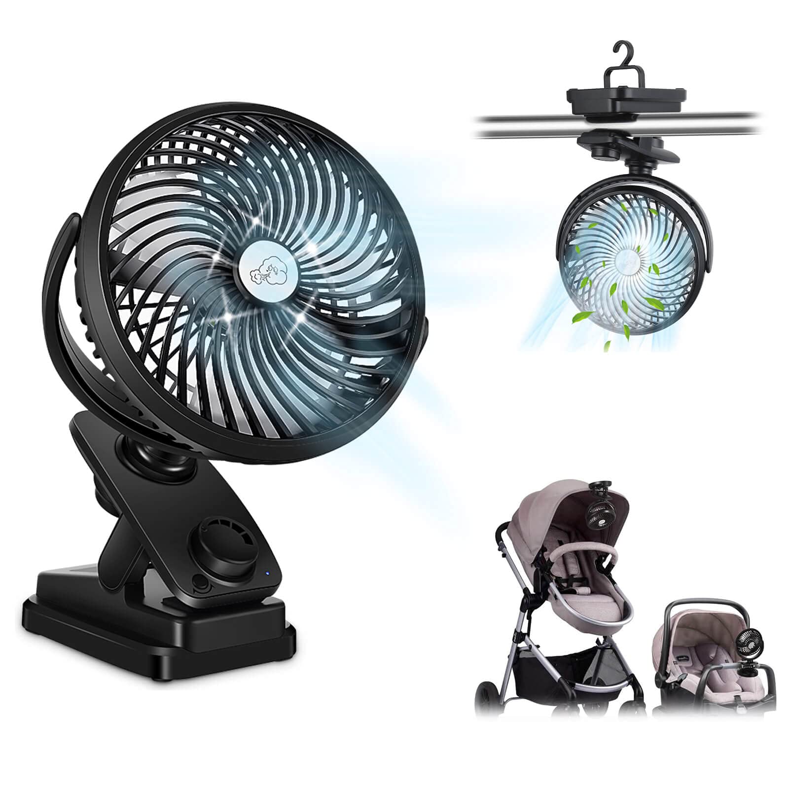 Baby Fan for Stroller, 10000mAh Rechargeable Battery Operated 7 Inch Clip On Fan, Auto Oscillating Golf Cart Fan, 360 Rotation Hanging Desk Fan for Baby Car Travel Home Office Camping Library