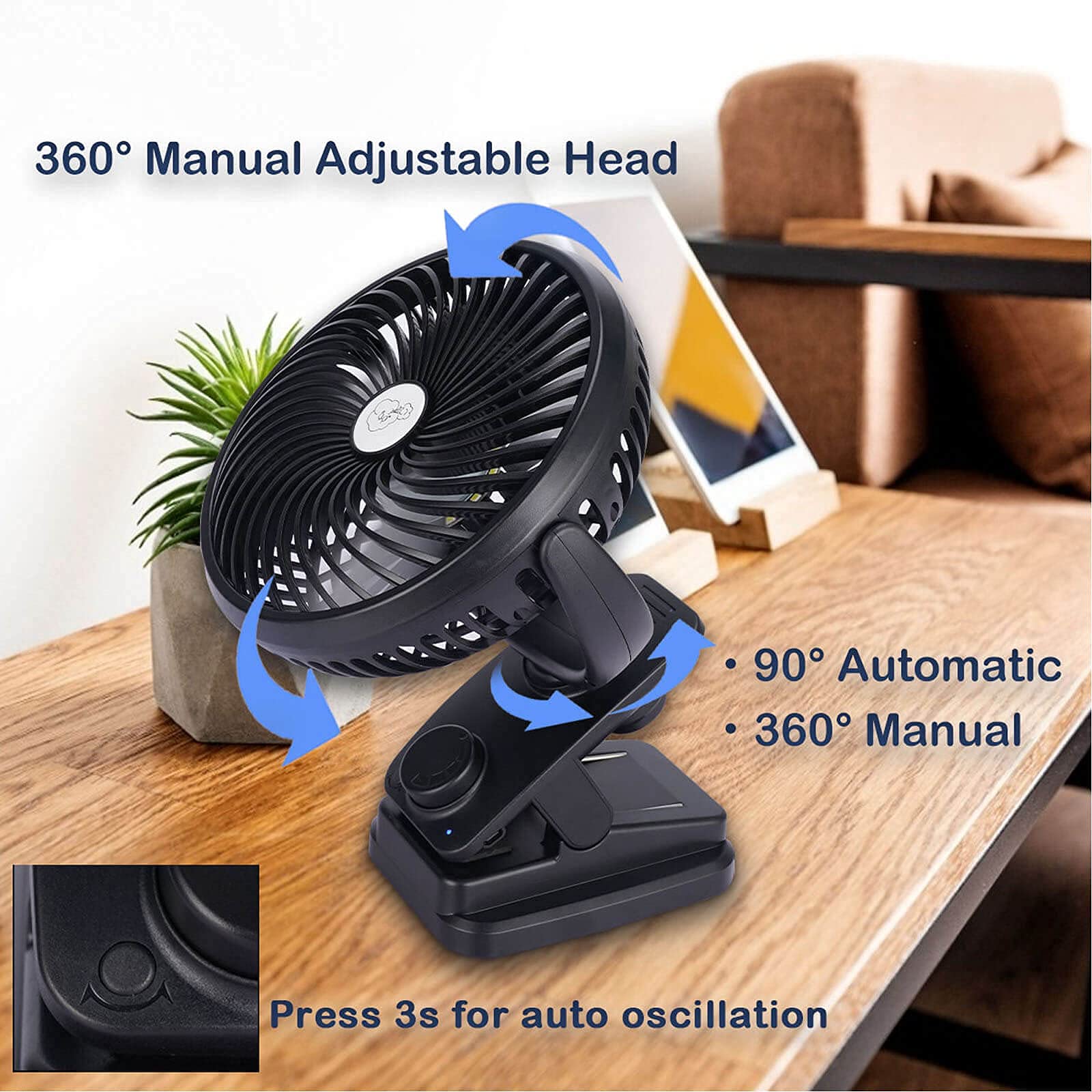 Baby Fan for Stroller, 10000mAh Rechargeable Battery Operated 7 Inch Clip On Fan, Auto Oscillating Golf Cart Fan, 360 Rotation Hanging Desk Fan for Baby Car Travel Home Office Camping Library