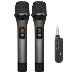 vegue wireless microphone, uhf cordless dual handheld dynamic mic set with rechargeable receiver, for karaoke party, voice amplifier, pa system, singing machine, church, wedding, meeting, 200ft (wm-2)