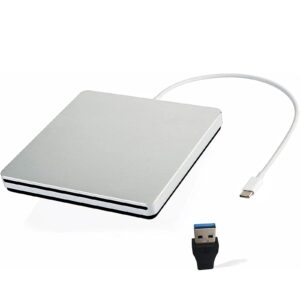 viktck external cd dvd drive usb c ultra slim portable cd dvd player burner/writer/reader usb superdrive disc duplicator for macbook pro/air/mac/m1/laptop/windows10 (silver)