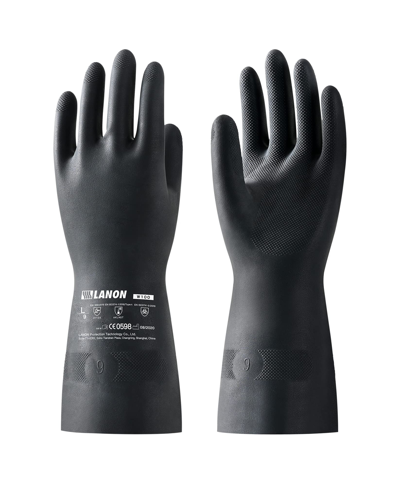 LANON Rubber Chemical Resistant Gloves, Reusable Heavy-duty Safety Work Gloves, Acid & Alkali Protection, Non-Slip, X Large