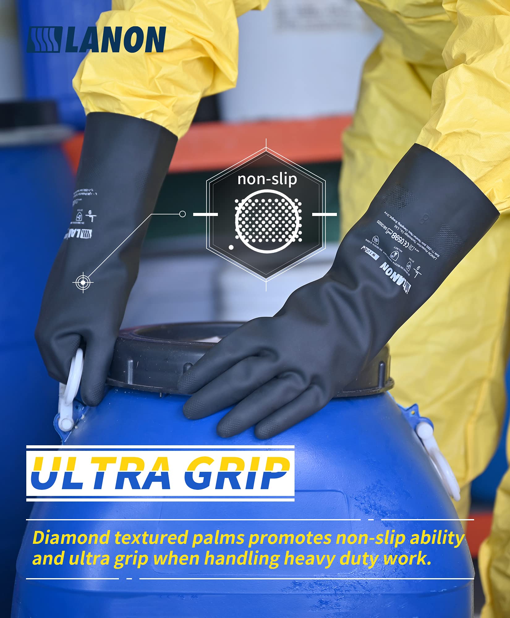 LANON Rubber Chemical Resistant Gloves, Reusable Heavy-duty Safety Work Gloves, Acid & Alkali Protection, Non-Slip, X Large