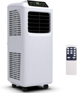 costway 8000 btu portable air conditioner, 3-in-1 air cooler w/built-in dehumidifier, fan mode, sleep mode, remote control& led display, rooms up to 230+ sq. ft, for home office (white and black)