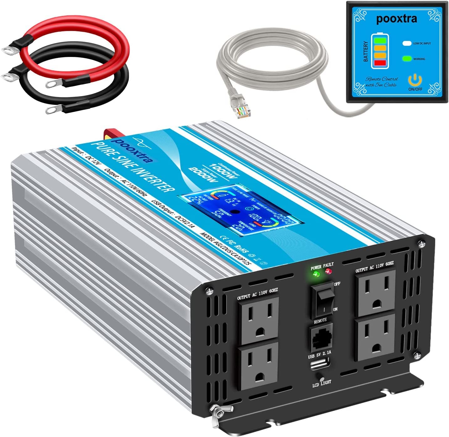 POOXTRA 2000 Watt Pure Sine Wave Inverter 12V DC to 110V AC Converer with 4 AC Outlets,1 USB Port,16.4ft Remote Control and Dual Cooling Fans-Peak 4000W