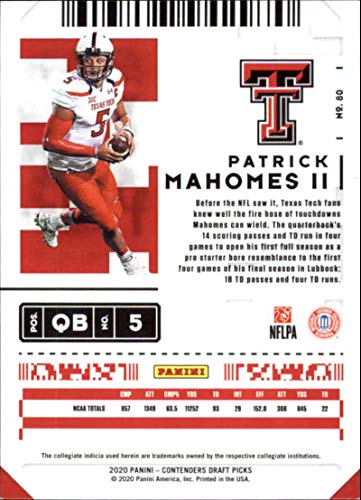 2020 Contenders Draft (NCAA) Football Season Ticket #80 Patrick Mahomes II Texas Tech Red Raiders Official Panini America Trading Card