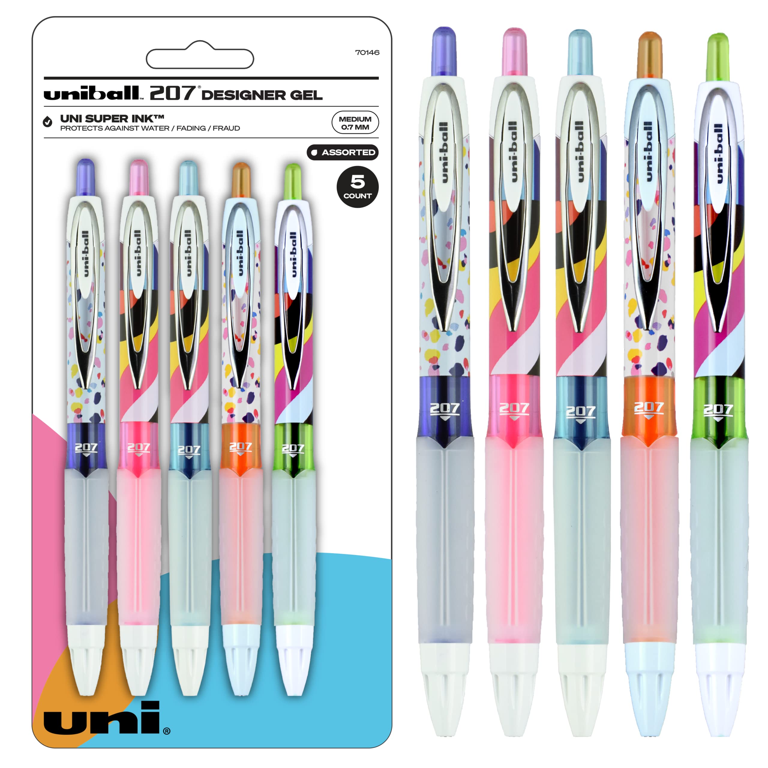 Uniball Signo 207 Designer Retractable Gel Pen, 5 Assorted Ink Pens, 0.7mm Medium Point Gel Pens| Office Supplies, Ink Pens, Colored Pens, Fine Point, Smooth Writing Pens, Ballpoint Pens