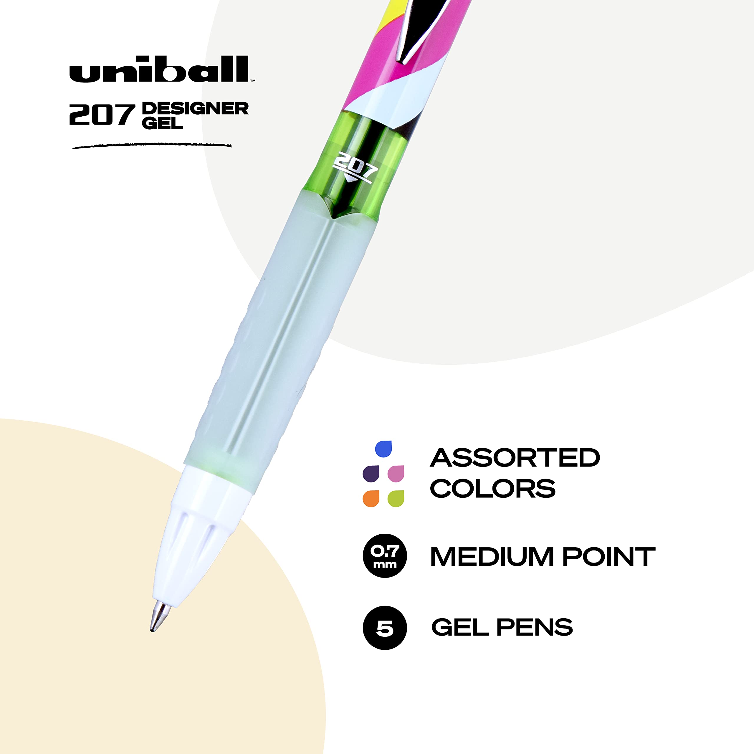 Uniball Signo 207 Designer Retractable Gel Pen, 5 Assorted Ink Pens, 0.7mm Medium Point Gel Pens| Office Supplies, Ink Pens, Colored Pens, Fine Point, Smooth Writing Pens, Ballpoint Pens