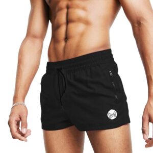 MICOZIFY Men's Gym Workout Shorts, 3" Bodybuilding Running Shorts, 3 inch Athletic Gym Shorts with Zipper Pockets Black