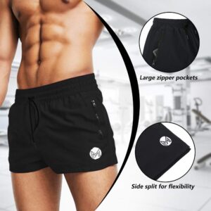 MICOZIFY Men's Gym Workout Shorts, 3" Bodybuilding Running Shorts, 3 inch Athletic Gym Shorts with Zipper Pockets Black