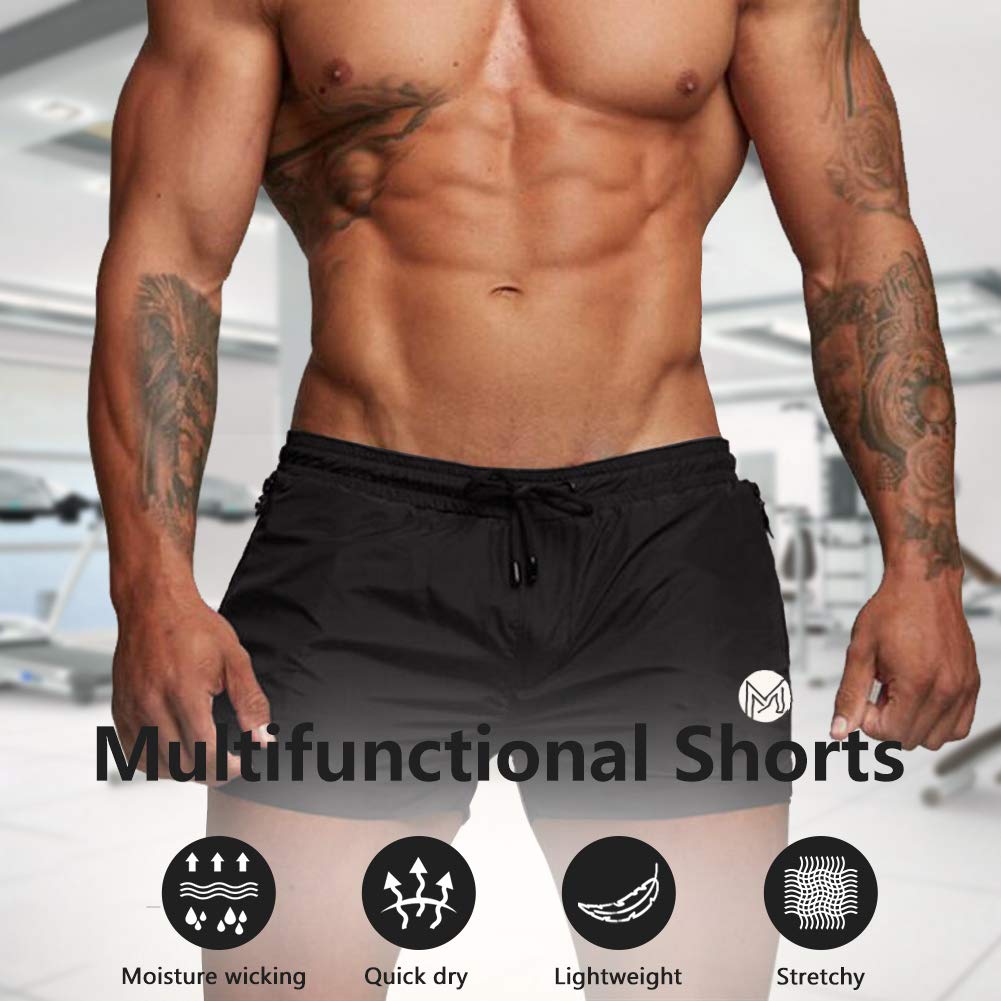 MICOZIFY Men's Gym Workout Shorts, 3" Bodybuilding Running Shorts, 3 inch Athletic Gym Shorts with Zipper Pockets Black