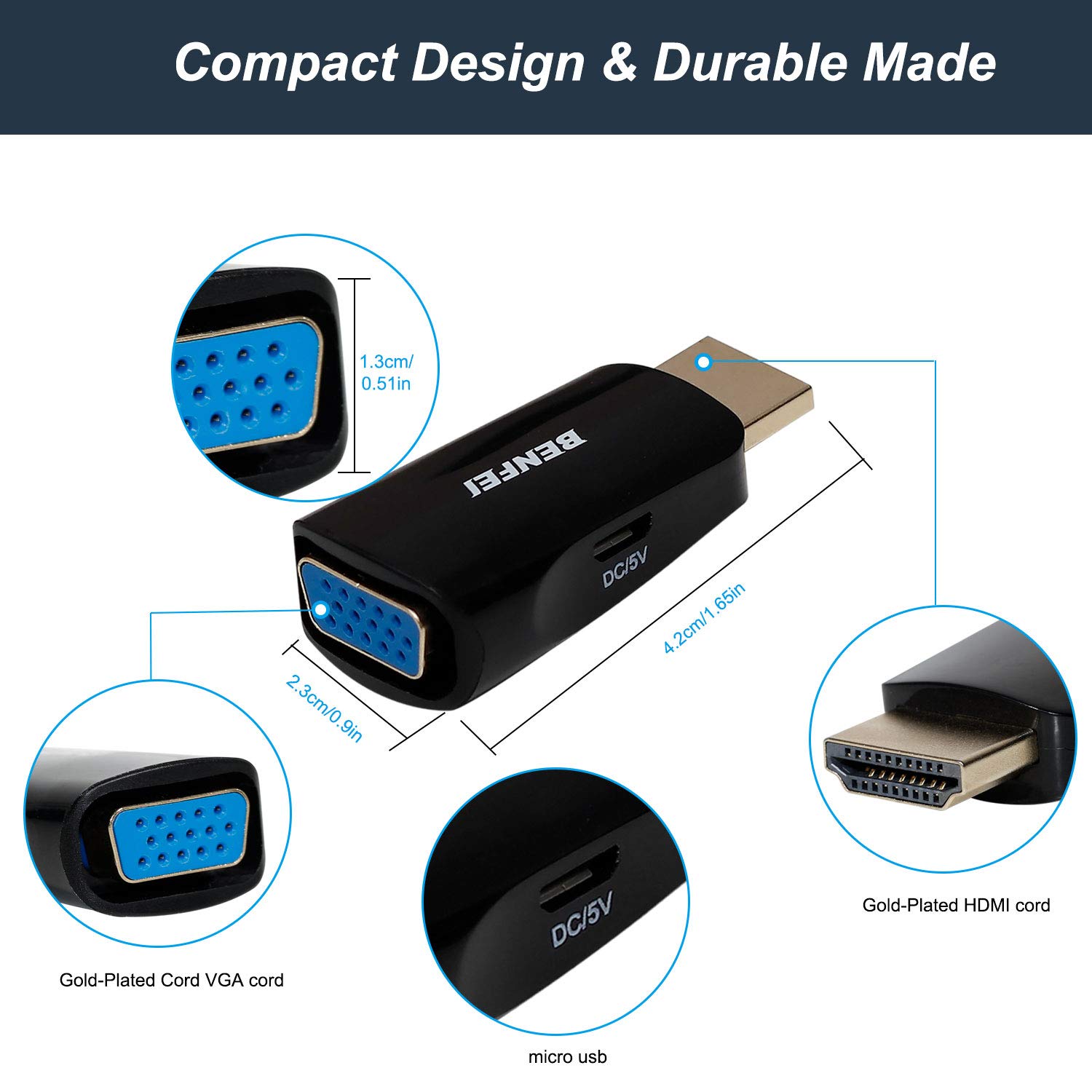 BENFEI HDMI to VGA, Gold-Plated HDMI to VGA Adapter (Male to Female) Compatible for Computer, Desktop, Laptop, PC, Monitor, Projector, Raspberry Pi, Roku, Xbox, PS4, MacBook, Mac Mini and More