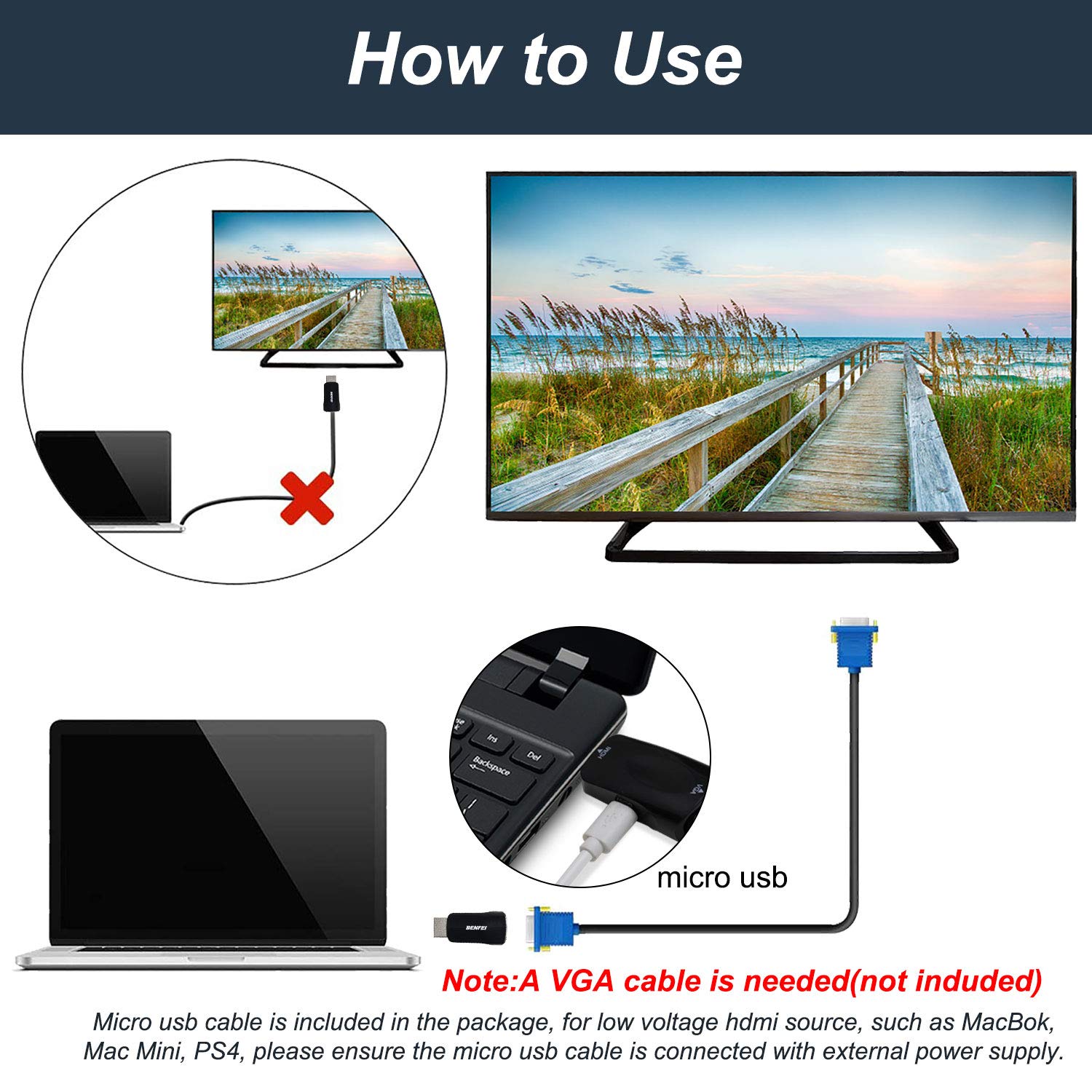 BENFEI HDMI to VGA, Gold-Plated HDMI to VGA Adapter (Male to Female) Compatible for Computer, Desktop, Laptop, PC, Monitor, Projector, Raspberry Pi, Roku, Xbox, PS4, MacBook, Mac Mini and More