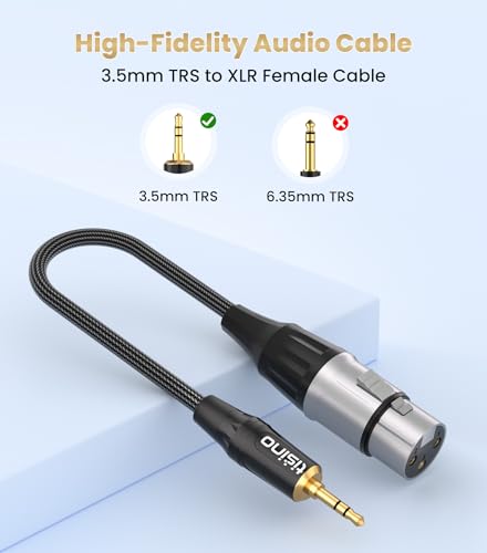 tisino XLR to 3.5mm Balanced Cable Adapter, Gold-Plated XLR Female to 1/8 inch Mini Jack Aux Mono Audio Cord for Shotgun or Condenser Microphones - 1ft