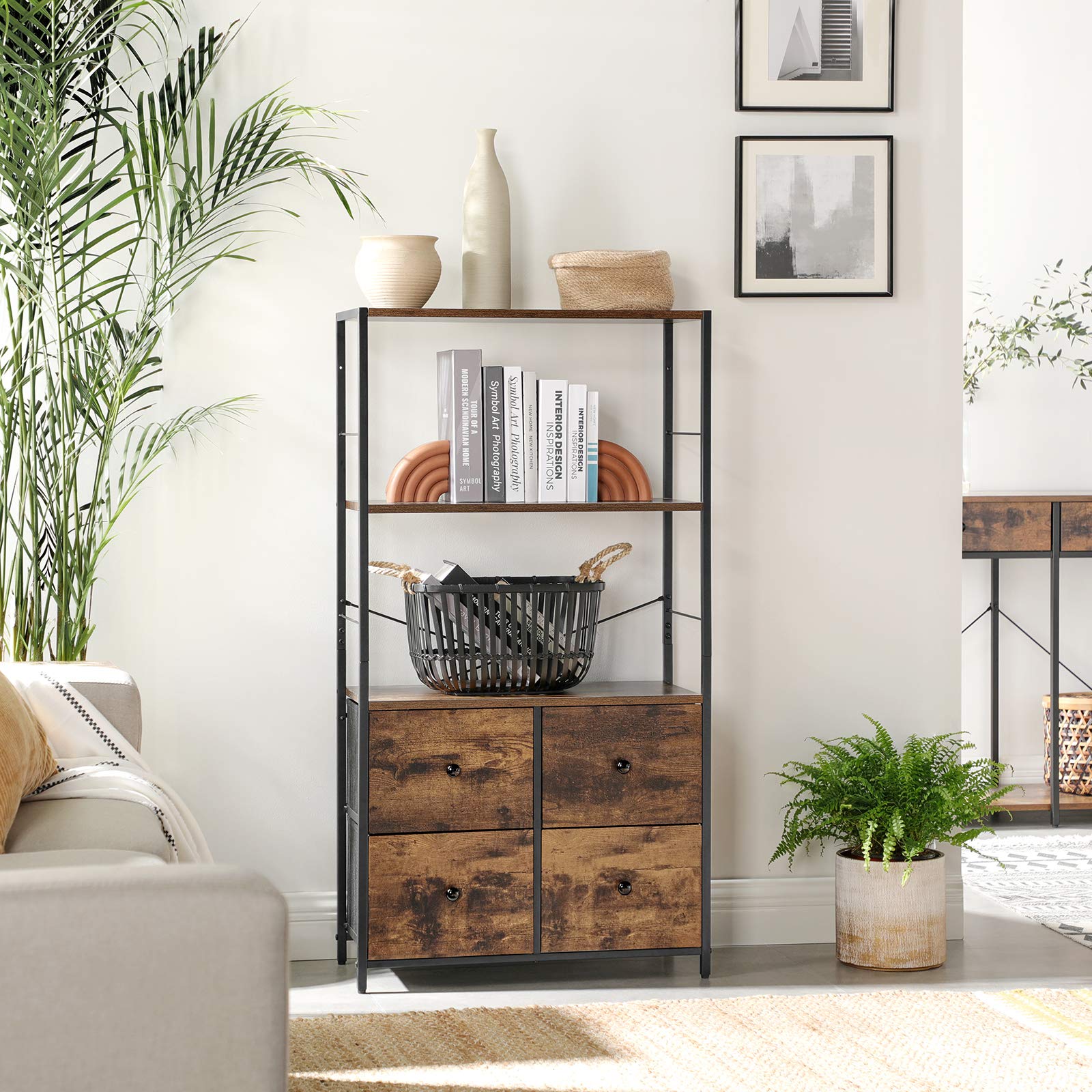 SONGMICS Storage Cabinet with Shelves and Fabric Drawers, Bookshelf in Living Room, Study, Bedroom, Multifunctional, Rustic Brown + Black