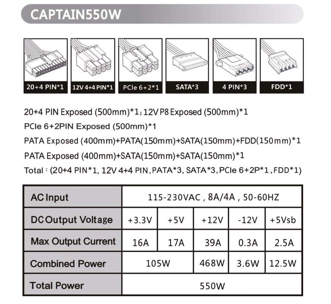 Apevia CAPTAIN550 ATX Power Supply with All Black Cables