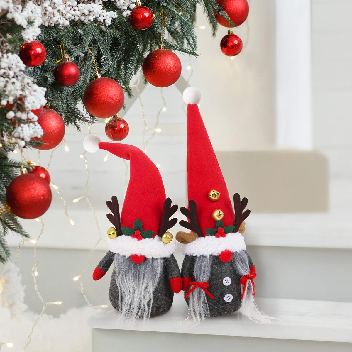 D-FantiX 2Pack Reindeer Christmas Gnomes Plush with Bell, Handmade Swedish Tomte Santa Scandinavian Figurine Nordic Plush Elf Doll Gnome Ornaments Gnomes Christmas Decorations Home Decor Gifts