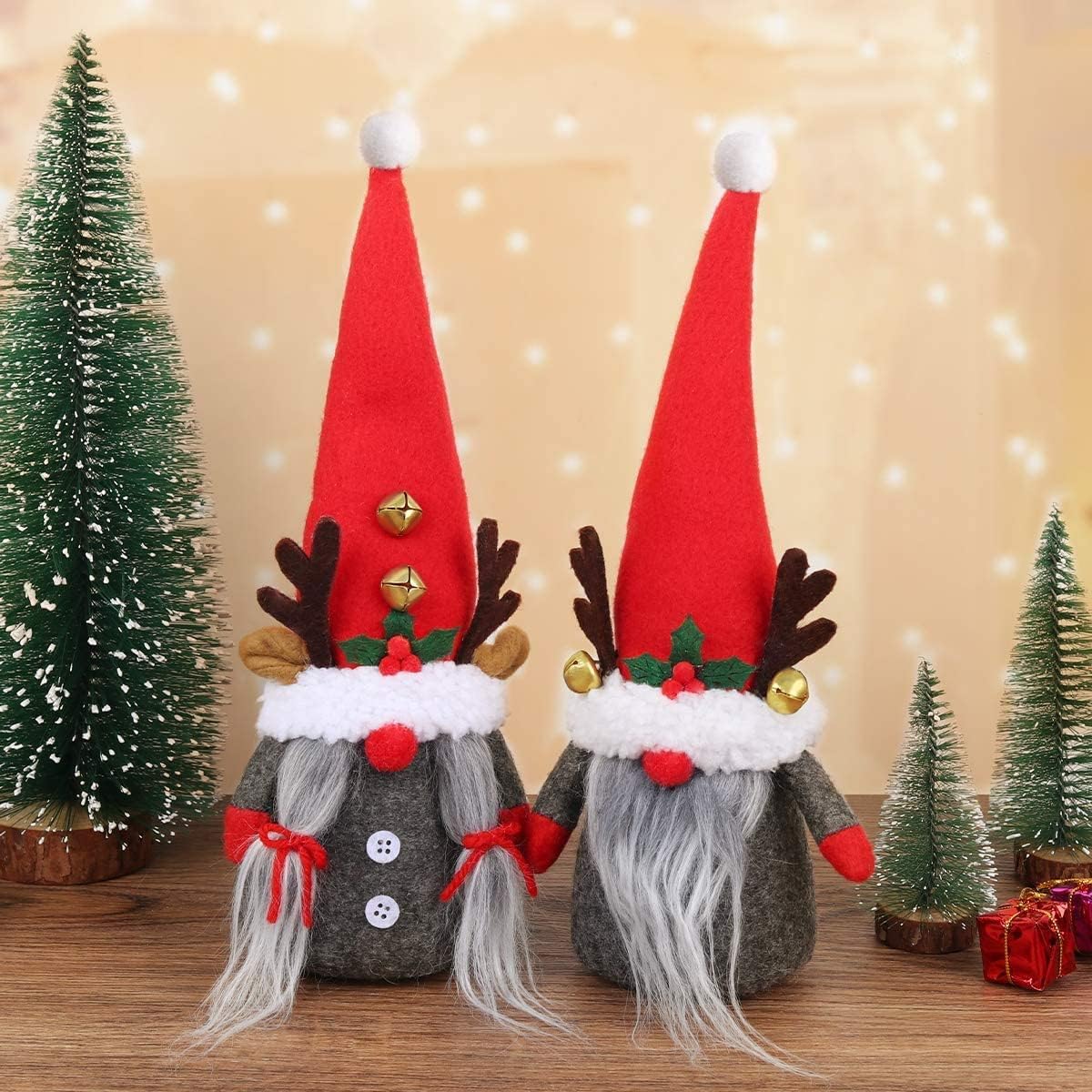 D-FantiX 2Pack Reindeer Christmas Gnomes Plush with Bell, Handmade Swedish Tomte Santa Scandinavian Figurine Nordic Plush Elf Doll Gnome Ornaments Gnomes Christmas Decorations Home Decor Gifts