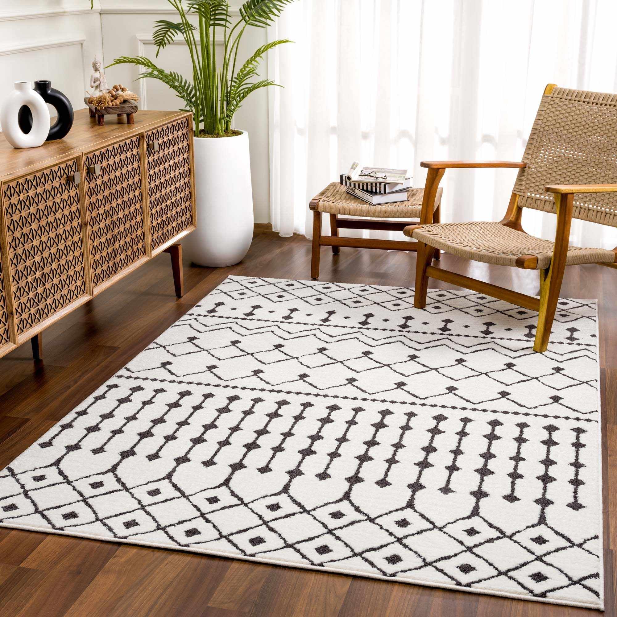 Hauteloom Ringwood 8' 10" x 12' Moroccan Farmhouse Shag - Black, Charcoal, White Bohemian Area Rug - Rectangle - Polypropylene and Polyester Blend