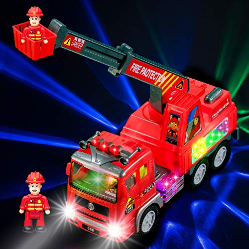 Zetz Brands Fire Engine Ladder Truck for Kids with Two Fireman Figures - 4d Lights & Real Siren Sounds | Bump and Go Toy - Automatic Steering On Contact - Imaginative Play