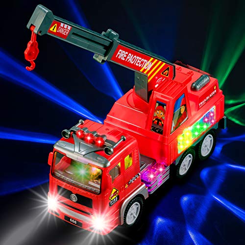 Zetz Brands Fire Engine Ladder Truck for Kids with Two Fireman Figures - 4d Lights & Real Siren Sounds | Bump and Go Toy - Automatic Steering On Contact - Imaginative Play