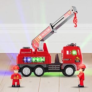 Zetz Brands Fire Engine Ladder Truck for Kids with Two Fireman Figures - 4d Lights & Real Siren Sounds | Bump and Go Toy - Automatic Steering On Contact - Imaginative Play