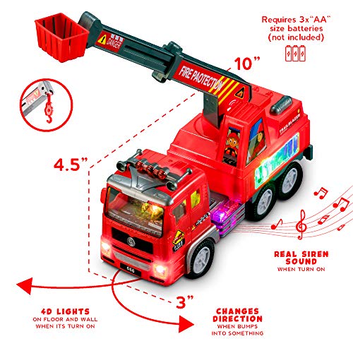 Zetz Brands Fire Engine Ladder Truck for Kids with Two Fireman Figures - 4d Lights & Real Siren Sounds | Bump and Go Toy - Automatic Steering On Contact - Imaginative Play