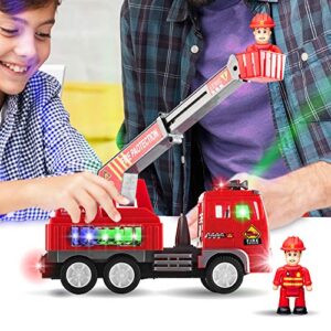 Zetz Brands Fire Engine Ladder Truck for Kids with Two Fireman Figures - 4d Lights & Real Siren Sounds | Bump and Go Toy - Automatic Steering On Contact - Imaginative Play