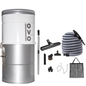 ovo aw large and powerful central vacuum system, hybrid filtration (with or without disposable bags) 25l or 6.6 gal, 700 air watts and 40 ft deluxe accessory kit included, white and silver