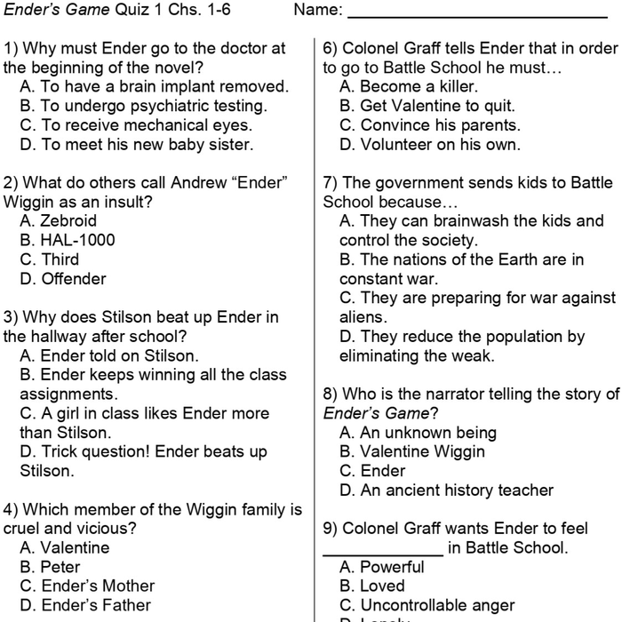 Quizzes for Ender's Game (5 reading checks)