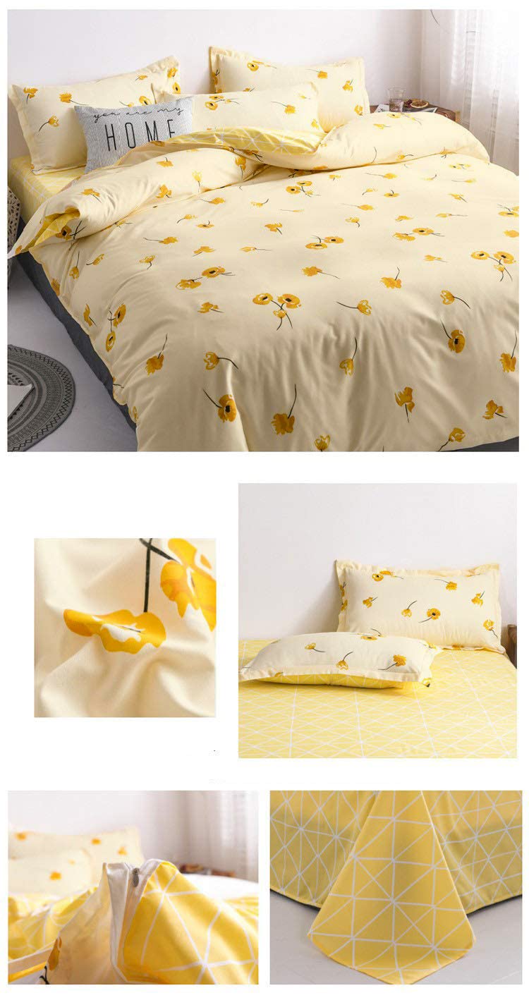 Botanical Duvet Cover Full Yellow Flowers and Grid Floral Garden Pattern Printed on Cream White Bedding Set,Blossom Kawaii Reversible Kids Bedroom Comforter Cover for Teen Toddler,Lightweight,Zipper